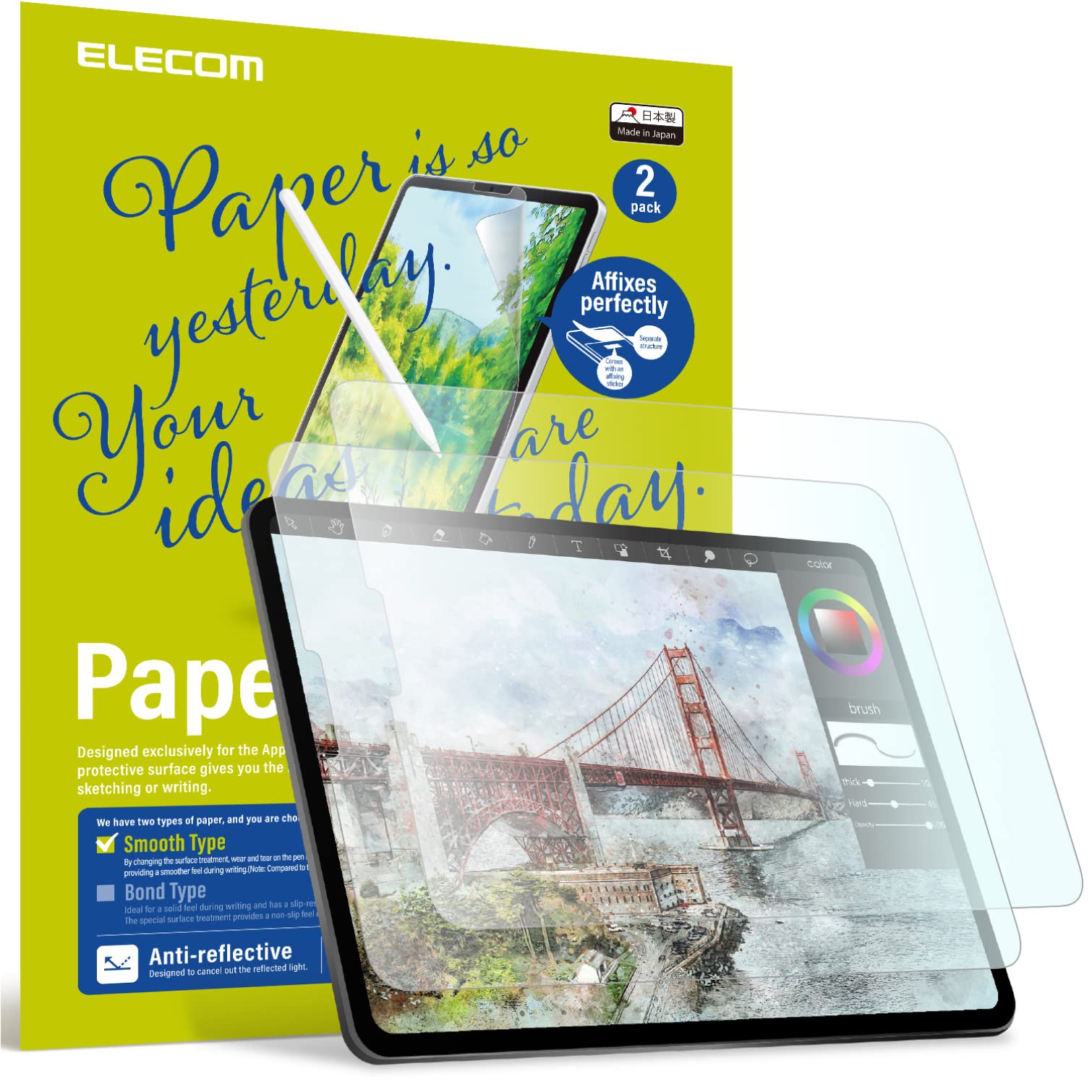 ELECOM Paper-Feel Screen Protector for 10.9" iPad Air/iPad Pro 11" (2018/2020/2021) Designed for Drawing, Anti-Glare Scratch-Resistant Bubble-Free (TB-APS110X-W),Smooth (Reduce Pen Tip)