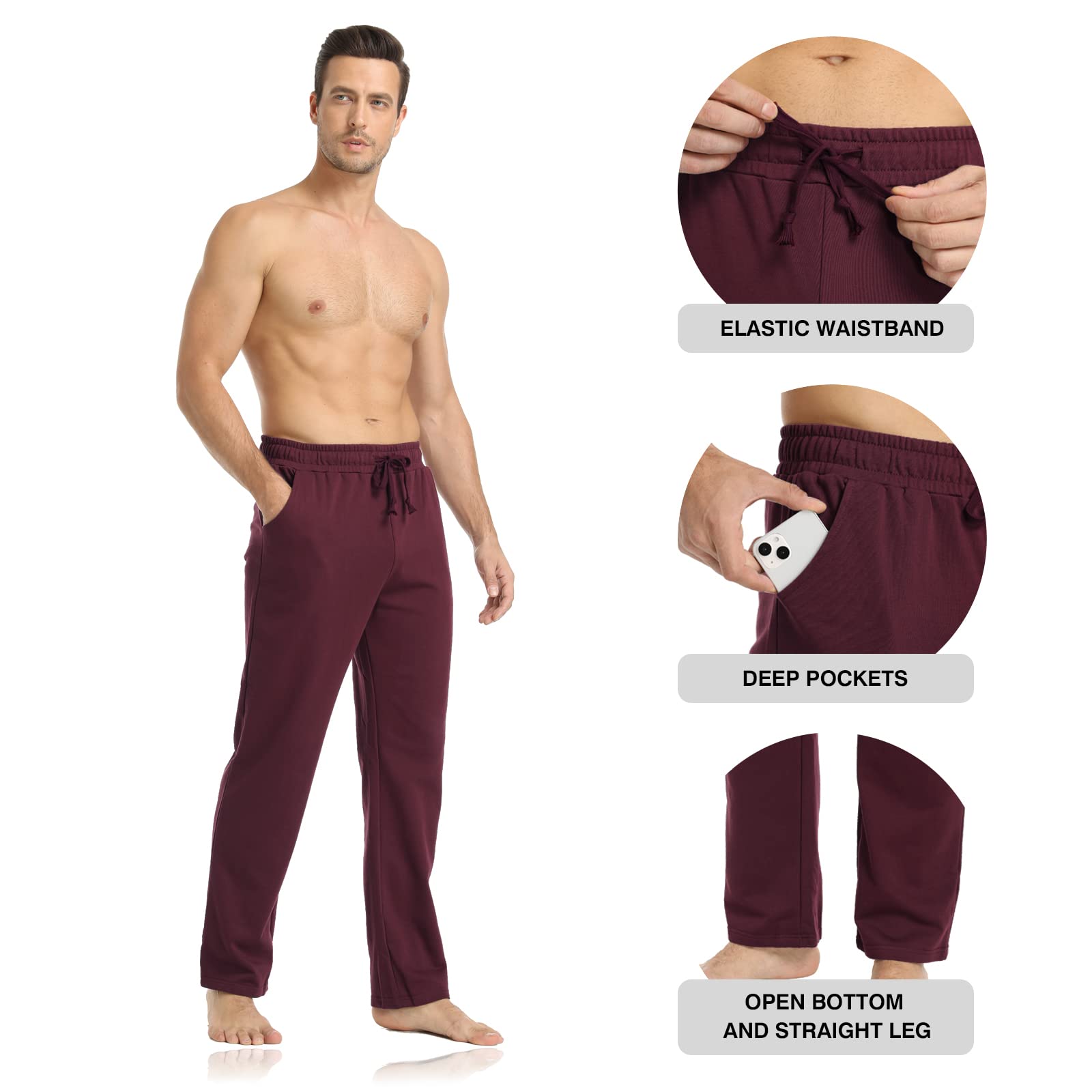 Dr.Cyril Mens Sweatpants Yoga Pants Open Bottom Straight Leg Casual Loose Fit Exercise Pants for Workout,Running,Jogging,Gym Wine Red, M