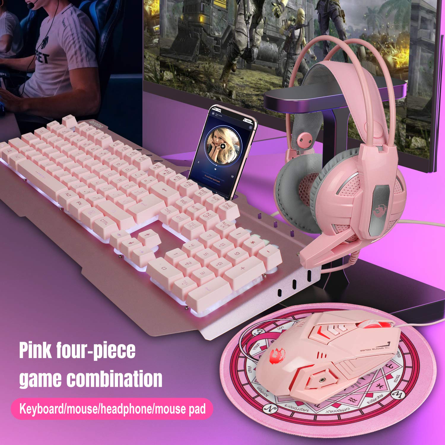 DGG Pink 4-in-1 Gaming Keyboard Mouse Headset Combo, White Led Backlit 104 Keys Ergonomic Gamer Keyboard+4800DPI Adjust Optical Game Mouse+3.5mm Gaming Stereo Headset