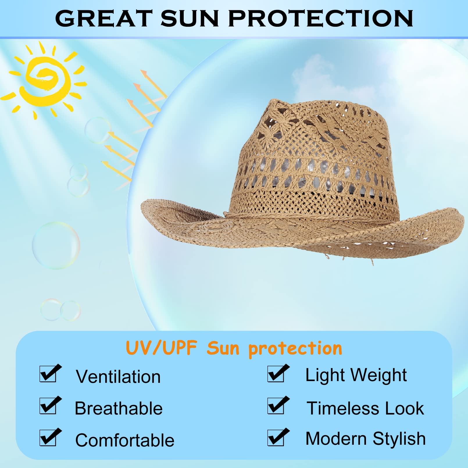 EOZY Men & Women's Summer Cowboy Cowgirl Straw Hat Hollow Out Woven Roll Up Wide Brim Hat/Camel