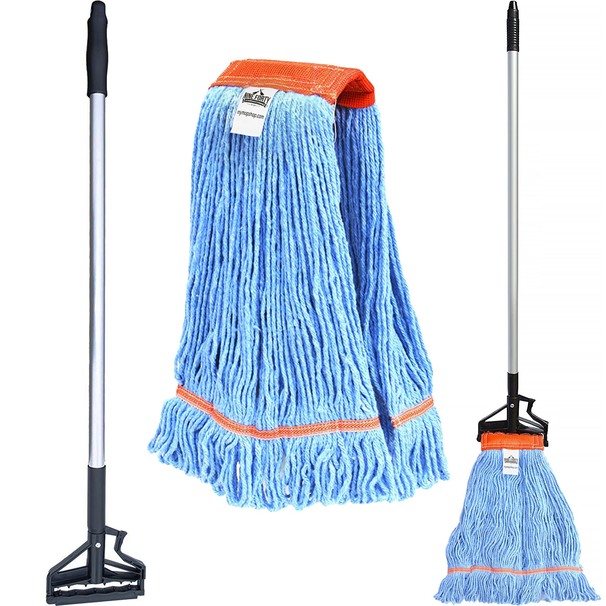 Nine Forty Industrial and Commercial-Grade Looped End Wet Mop - String Mop with 42β-72β Adjustable Aluminum Handle Length - Flip Grip Clamp - for Optimal Absorption and Durability - Blue