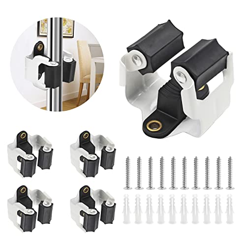 Waziaqoc 5PCS Wall Mount Broom Mop Holder, Bathroom Mop Hanger Wall Mounted Mop Clip with Screws for Garden Bathroom Kitchen - White & Black