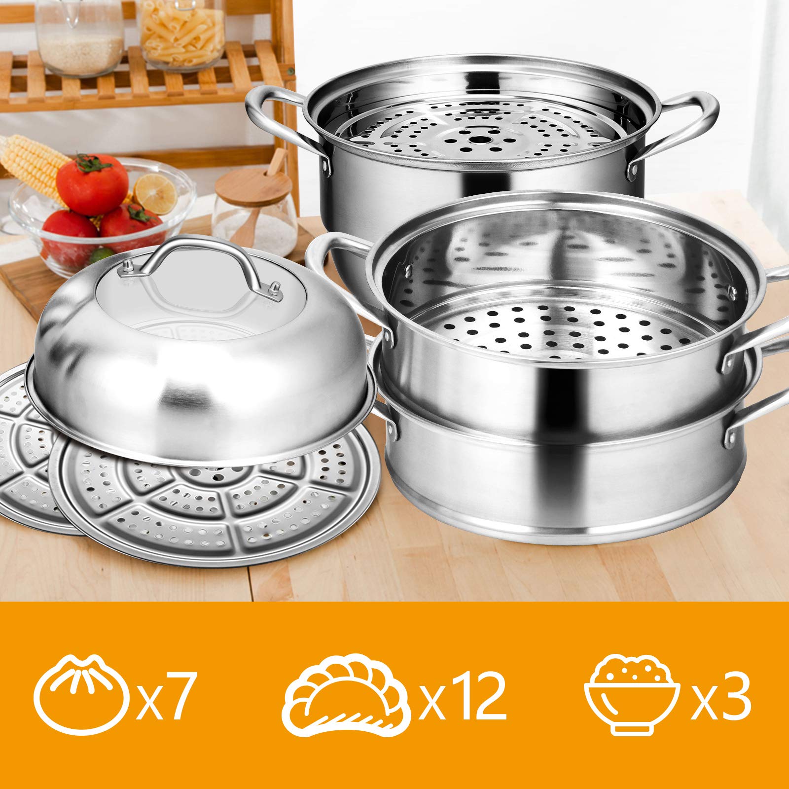 PETSITE 3-Tier Stainless Steel Steamer Pot, 11" Multi-Layer Cooking Pot, Steam Pot with Handles & Tempered Glass Lid, Steamer for Cooking