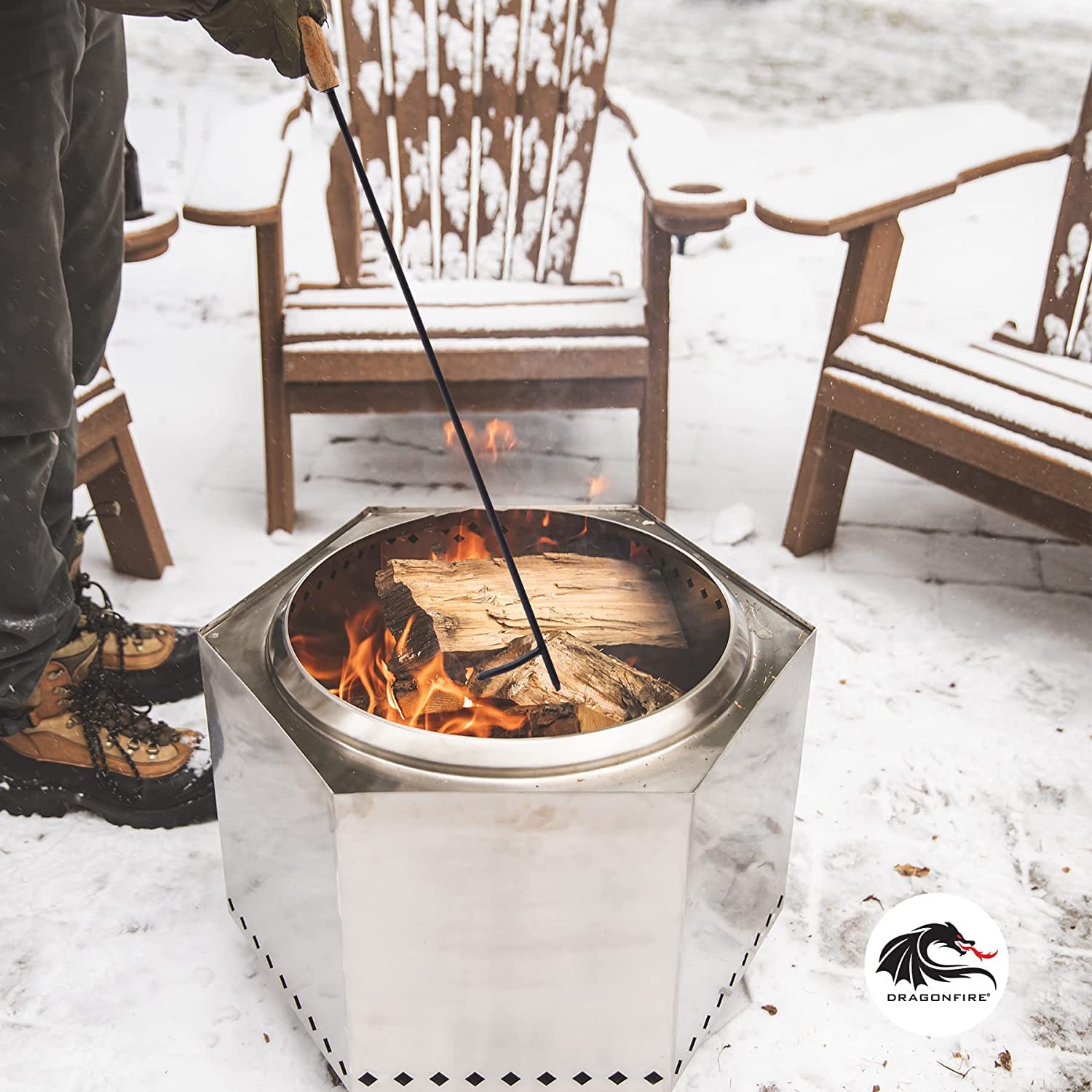 Dragonfire Fire Poker - 35" Long Fire Pit Toker Poker Featuring Wood Handle, Hanging Loop, and One-Piece Steel Construction - Perfect for Open Fires, Campfires, and Stoves