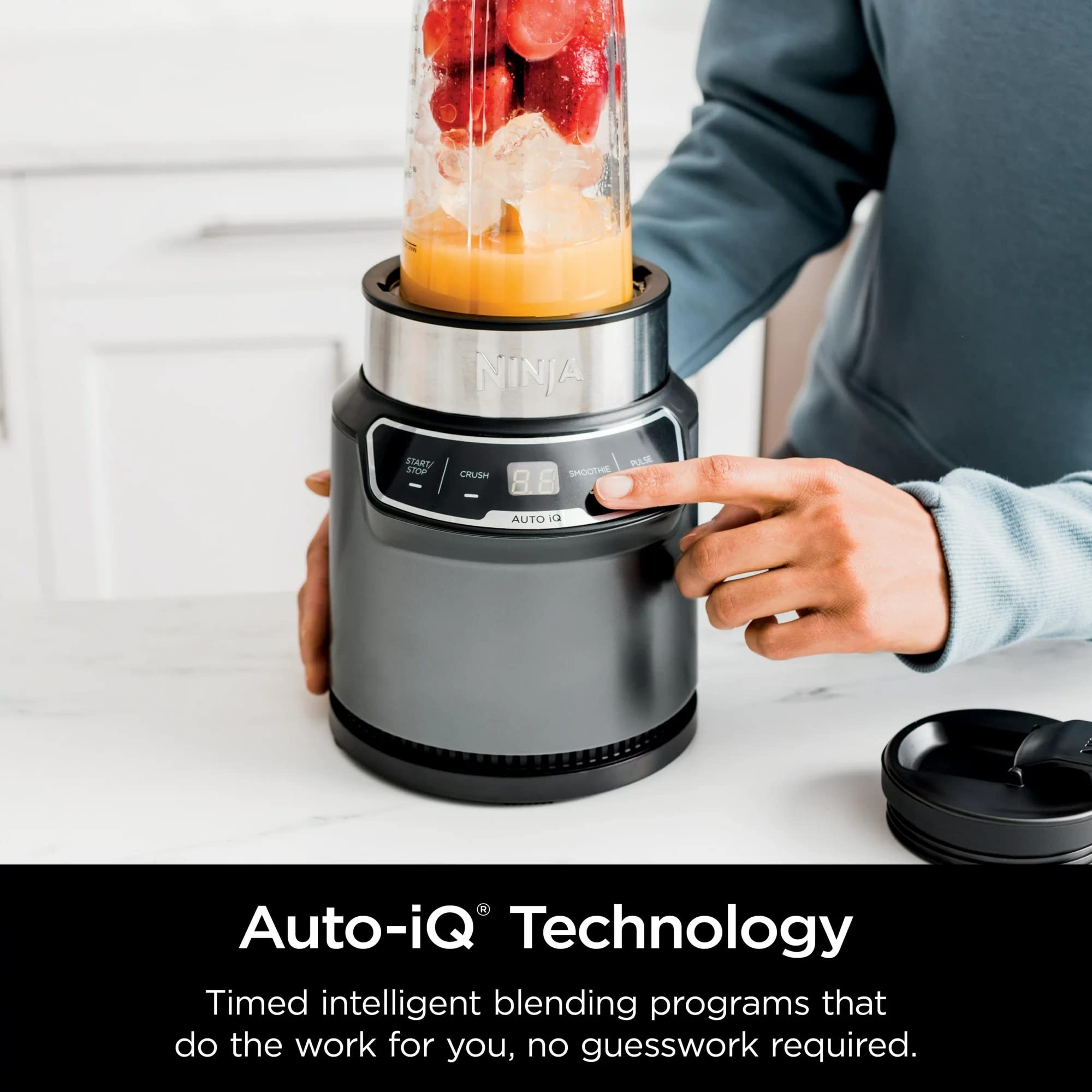 Ninja BN400 Nutri Pro Compact Personal Blender, Auto-iQ Technology, 1000-Watts, for Frozen Drinks, Smoothies, Sauces & More, with 18-oz. & 24-oz. To-Go Cups & Spout Lids, Stone Silver (Renewed)