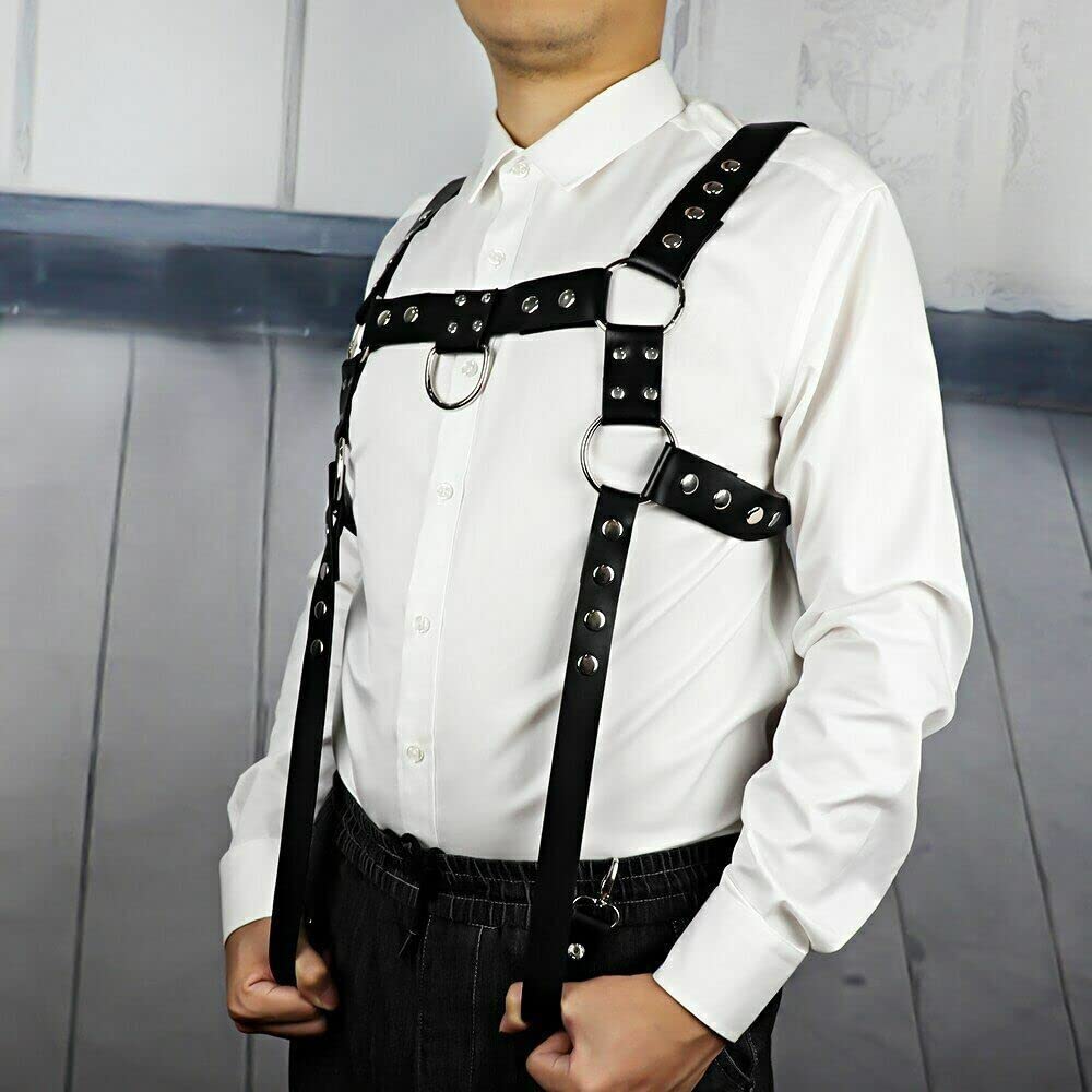 Furealux Harness for Man Adjustable Leather Harness Body Chest Black Rivets Harness Punk Belt Clubwear Costume