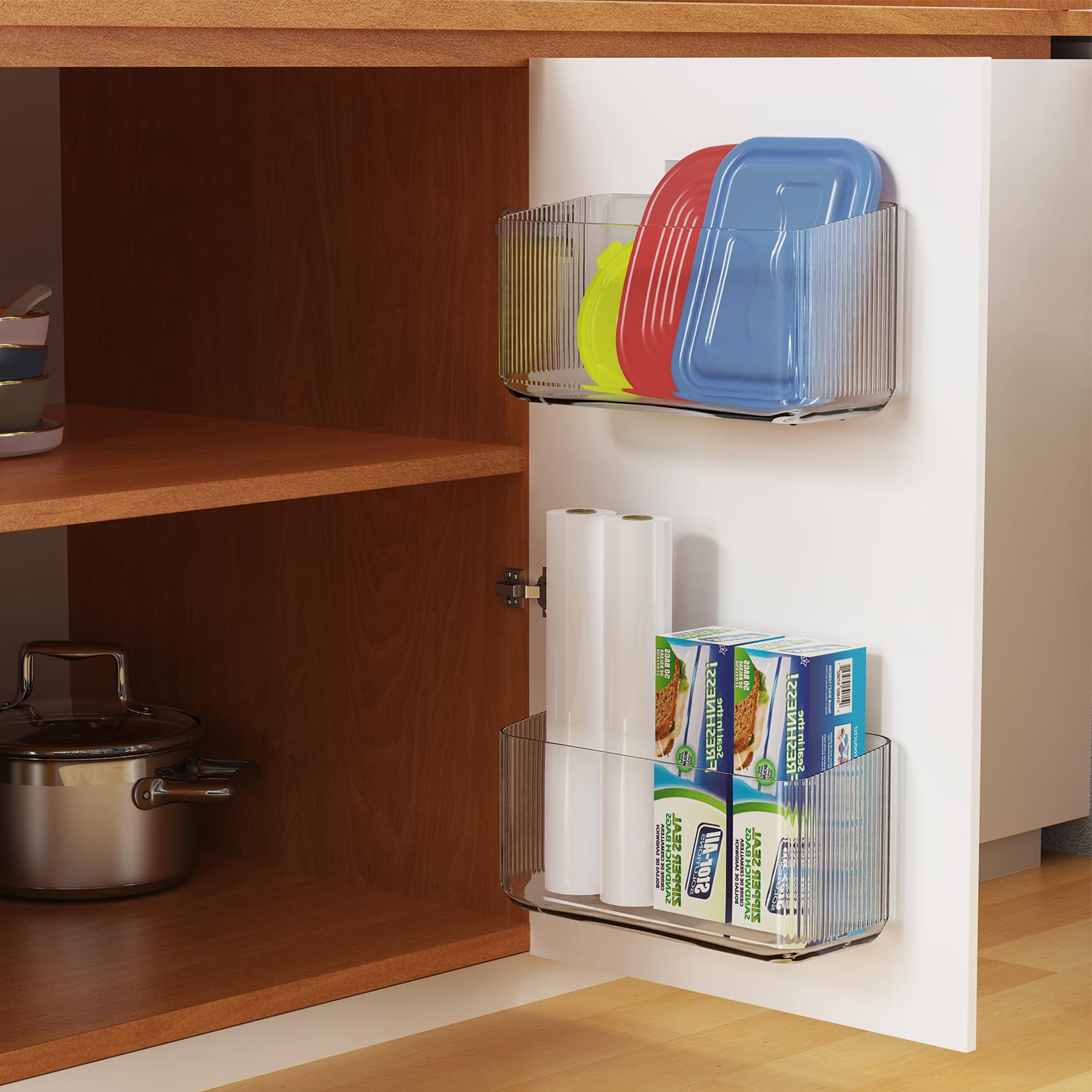 FavoThings 2 Pack Cabinet Door Organizers Plastic Wrap Holders for Kitchen Organizers, No drilling Wall Door Mount Kitchen Wrap Rack for Foil Wrap, Cling Wrap, and Food Bags, Clear