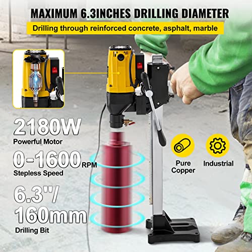Happybuy 6 Inch/160MM Diamond Core Drilling Machine 2180W Diamond Core Drill Rig with Stand and Drill Bits,Wet Dry Core Drill Rig for Diamond Concrete Drilling Boring (Drill Bit Diameter: 4.25"/108MM)