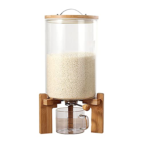 WDZCZDoo Flour and Cereal Container, Rice Dispenser 7.5L, Creative Glass Food Storge Container for Kitchen Organization and Pantry Store, Airtight Lid and Wooden Stand