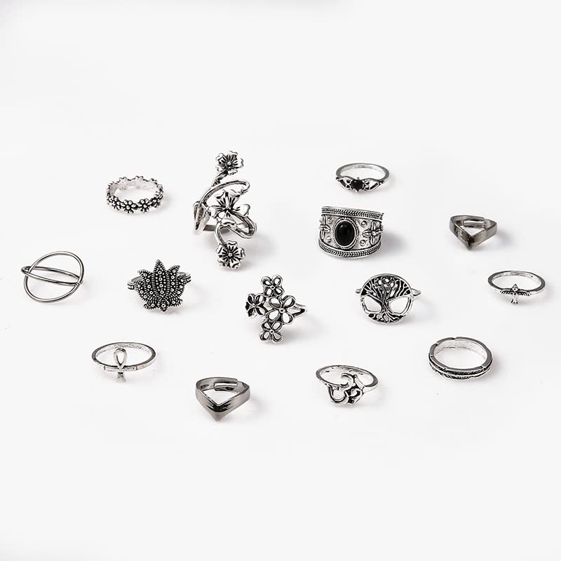 Fashion Ladies Vintage Lotus Openwork Carved Black Gemstone Rings 14 Piece Combination Set (style 1)
