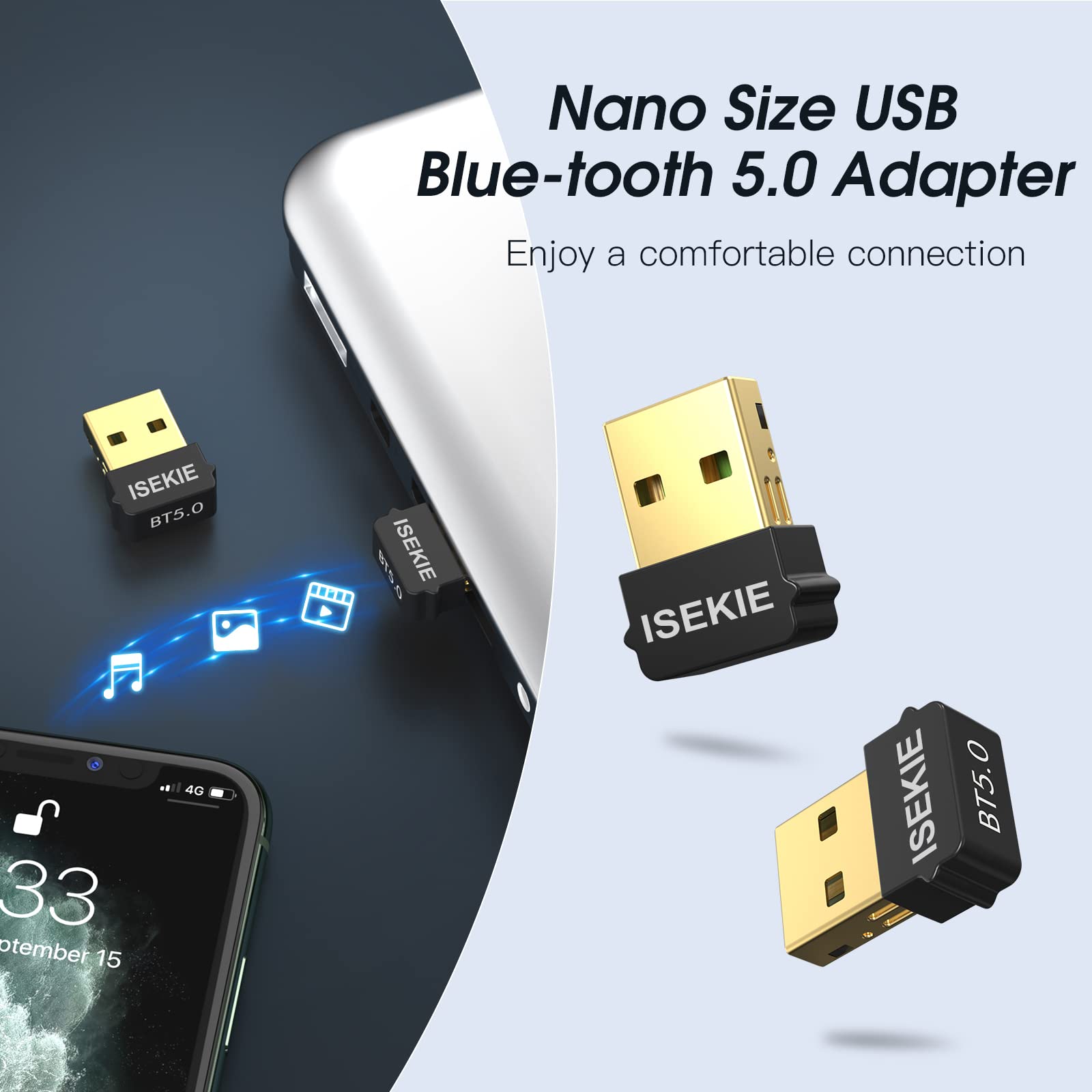 ISEKIE USB Bluetooth Adapter for PC 5.0 Bluetooth Dongle Receiver PC Bluetooth Adapter Support Windows 10/8.1/8/7 for Connecting Bluetooth Headphones Mouse Keyboard to PC Laptop Desktop Black