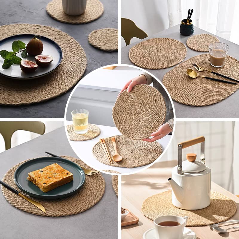 Round Jute Placemats, Woven Braided Place Mats, Natural Farmhouse Table Placemats for Dining Table, 11.8 inch