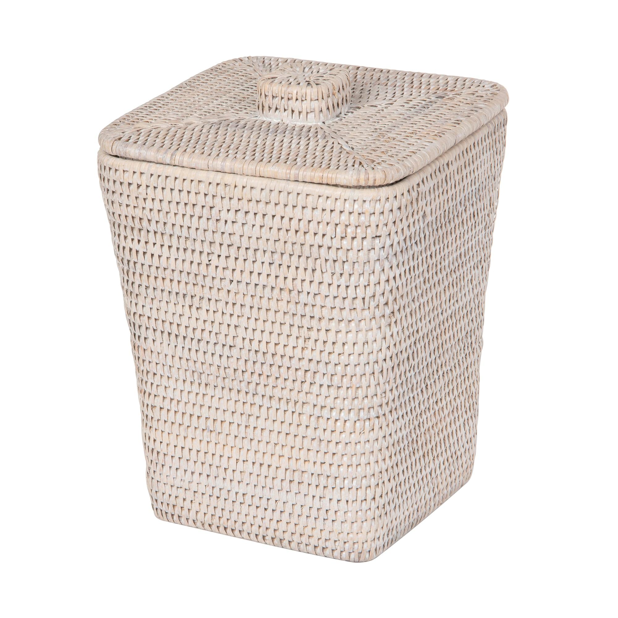 Kouboo Rattan Square Paper Waste Basket and Trash Bin with Lid and Plastic Insert, 2 Gallon Capcity, Honey-Brown