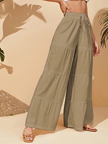 LilyCoco Flowy Pants for Women Palazzo Wide Leg Ruffle Trousers High Waisted Tiered Bell Bottom Camel Small