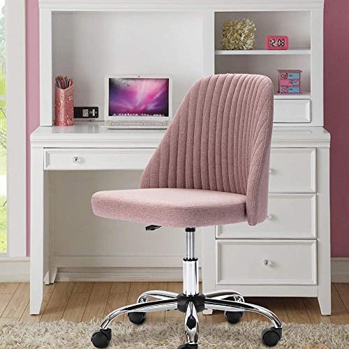 HOMEFLA Home Office Modern Linen Swivel Task Upholstered Fabric Desk Chair Armless with Wheels, Middle, Pink
