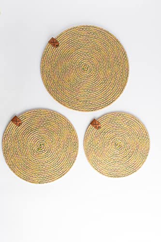 Round Natural Jute Rope Set of 3 Trivet Mats Pot Holder Hot Pads Plate Holder Coasters (Greenish Thread)