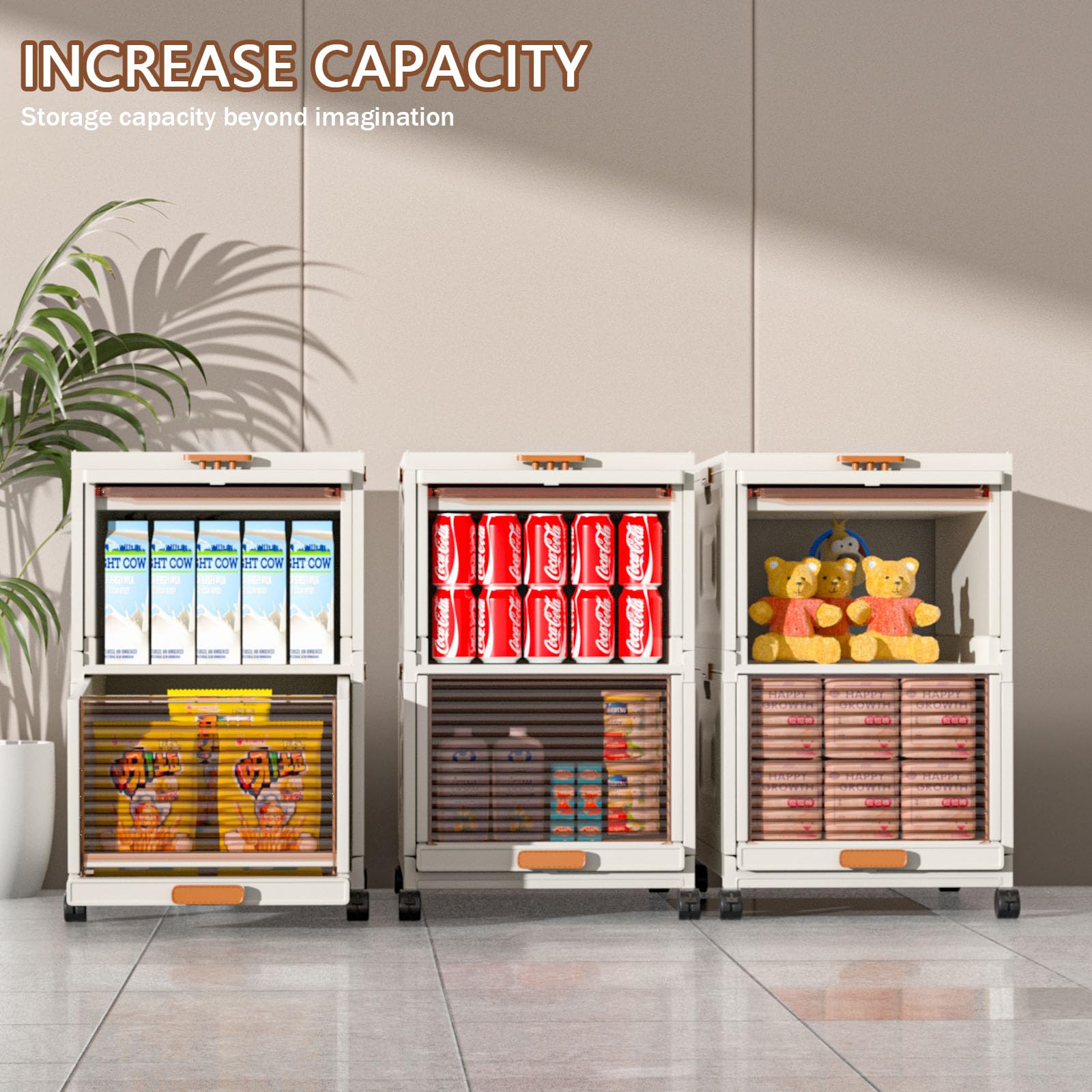 NIRIAHO 34Qt Stackable Storage Drawers, 2 Tier Collapsible Storage Bins with Lids, Plastic Stackable Storage Bins with Wheels for Closet Organizers and Storage, Snack Cabinet (Milky Brown)