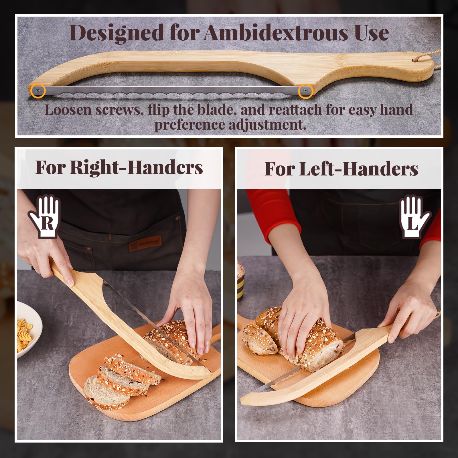 NiHome 15.7" Wooden Bread Bow Knife for Bread, Bagels, Fruits, Ergonomic Bamboo Handle Adjustable for Left or Right-Hand Use, Sharp Stainless-Steel Blade for Precision Slicing, Easy Storage Loop