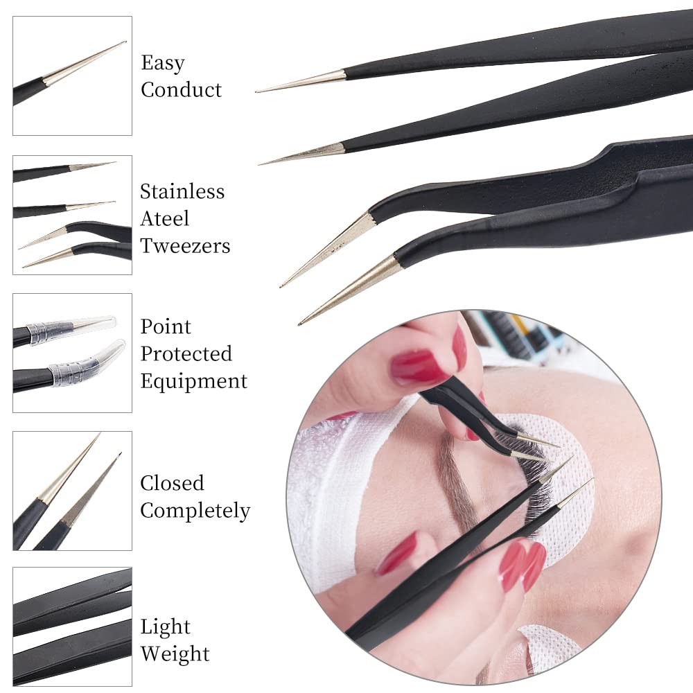 Eyelash Extension Tweezers Kit with 2pcs Black Tweezers and Storage Case, 6 HolesTweezer Display Stand,fit Lash Extension Professional Makeup Tool (Black)