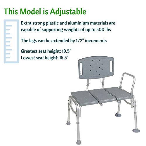 HEALTHLINE Transfer Bench Adjustable Height 500 Lbs, Heavy Duty Bariatric Tub Transfer Bench with Back, Non-Slip Seat, Bath Shower Bench Chair for Bathroom for Elderly Disabled