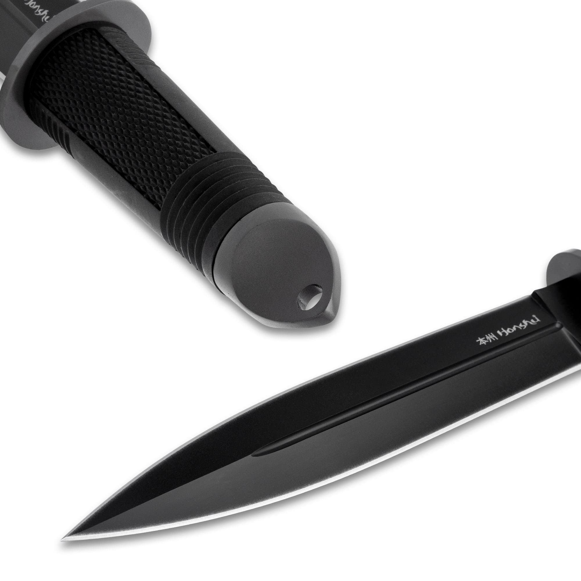 HONSHU Midnight Forge Fighter Knife and Leather Belt Sheath - Stainless Steel Blade, Double-Edged, Rubberized Grip, Steel Guard and Pommel, Non-Reflective Fixed Blade for Tactical Use - Length 13 1/4β