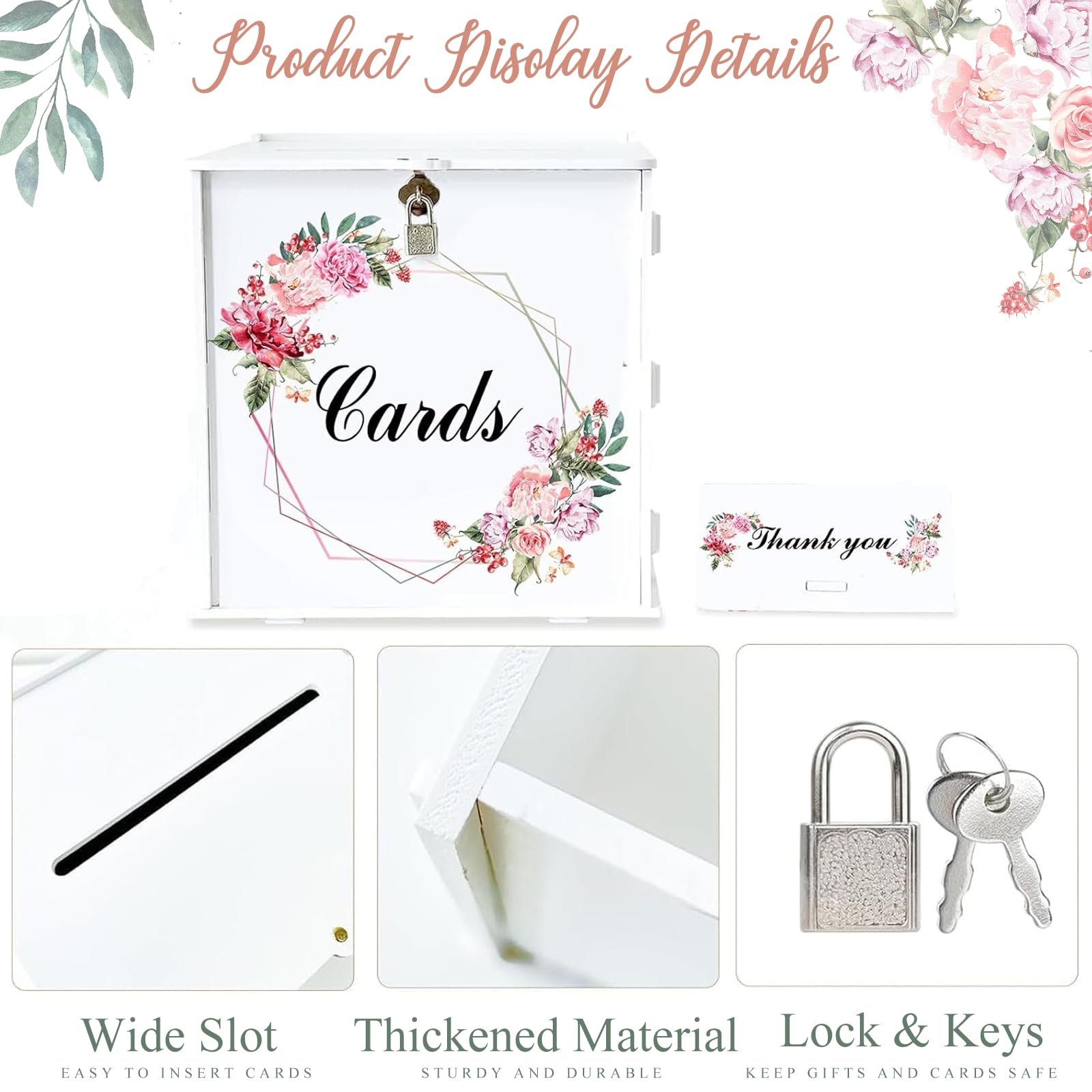 FCDECOR White Wedding Card Box with Lock, Gift Wedding Card Boxes for Reception, Greenery Rose DIY Wedding Envelope Money Card Box for Party Graduation Birthday Baby Shower Decorations