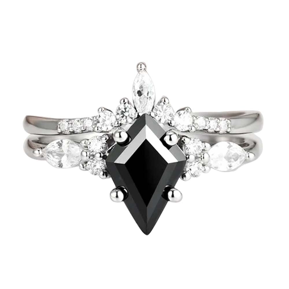 Elegant Touch Wedding Ring Set Kite Shape Black Diamond & Marquise Cut Band for Womens Bridal 14K White Gold Plated (Ring Size-6) (RET146 6)