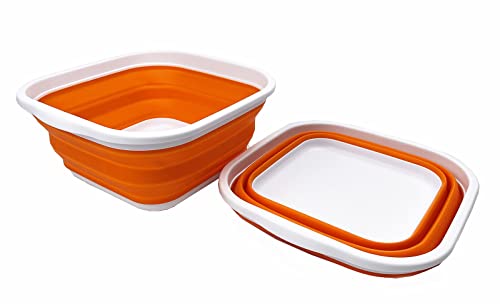 SAMMART 5.5L (1.4 Gallons) Set of 2 Collapsible Tub - Foldable Dish Tub - Portable Washing Basin - Space Saving Plastic Washtub (White/Orange)