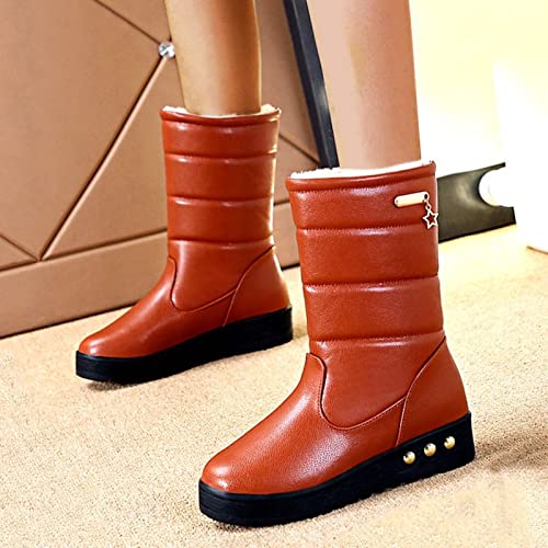 FASDNENDYS Womens Mid Knee High Boots Plush Thermal Winter Shoes Slipon Breathable Medium Cowboy Boots Women