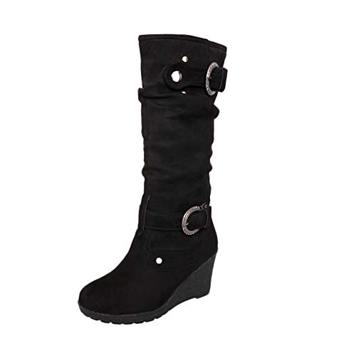 FASDNENDYS Womens Mid Knee High Boots Women's Winter Flat Shoe Round Toe Thicken Wedges Half Foot Insole Black