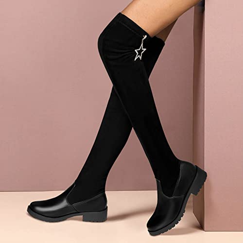 FASDNENDYS Womens Knee High Boots Round Toe Chunky Block Heels Fashion Winter Booties Stitching Women's Shoe 8 Black