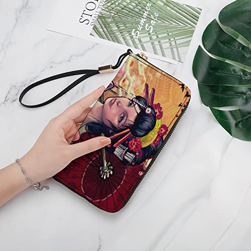 FunnyStar Beautiful Japanese Geisha Women's Long RFID Hand Wallet Wristlet Clutch Purse PU Leather Handbag with Wrist Strap
