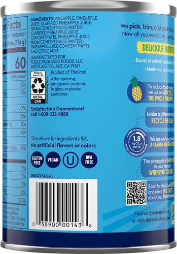 Dole Canned Fruit, Pineapple Slices in 100% Pineapple Juice, Gluten Free, Pantry Staples, 20 Oz, Packaging May Vary