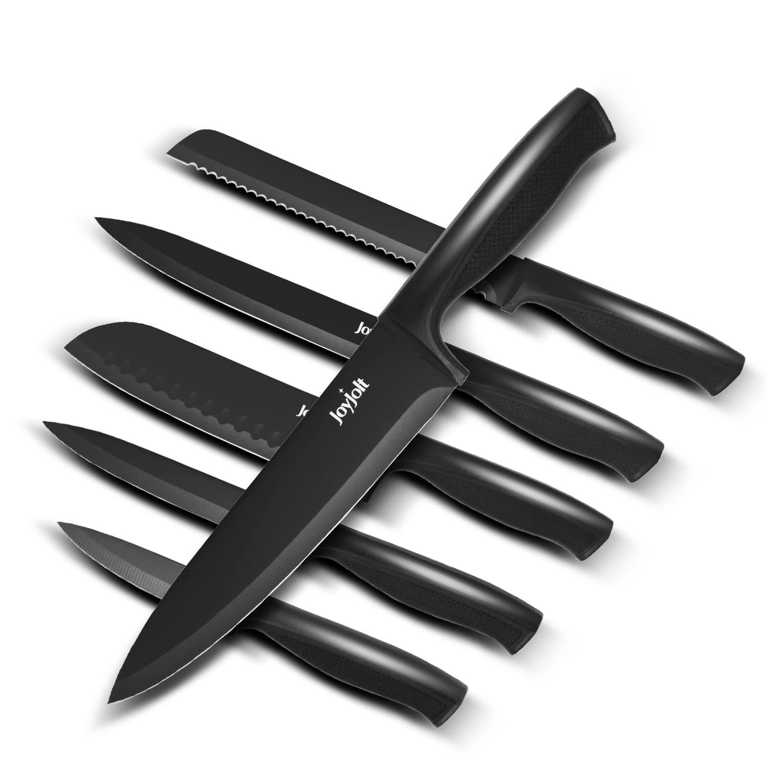 JoyJolt 12pc Kitchen Knives Set (Black). Chefs Knife Set with Sheath Covers. Chef, Butcher, Bread, Slicing, Santoku, Utility and Paring Home And Kitchen Knives Sets