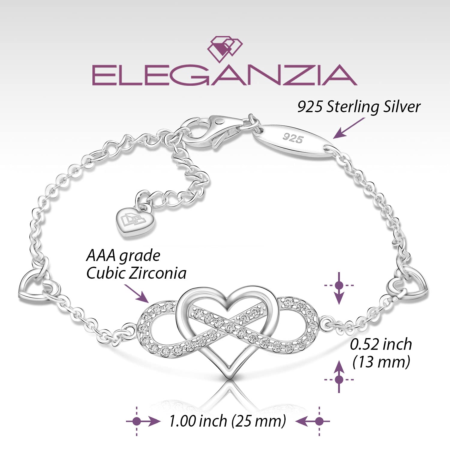 ELEGANZIA Infinity Heart Bracelet For Women Sterling Silver, Tiny Heart Charm Chain Bracelet Friendship Jewelry