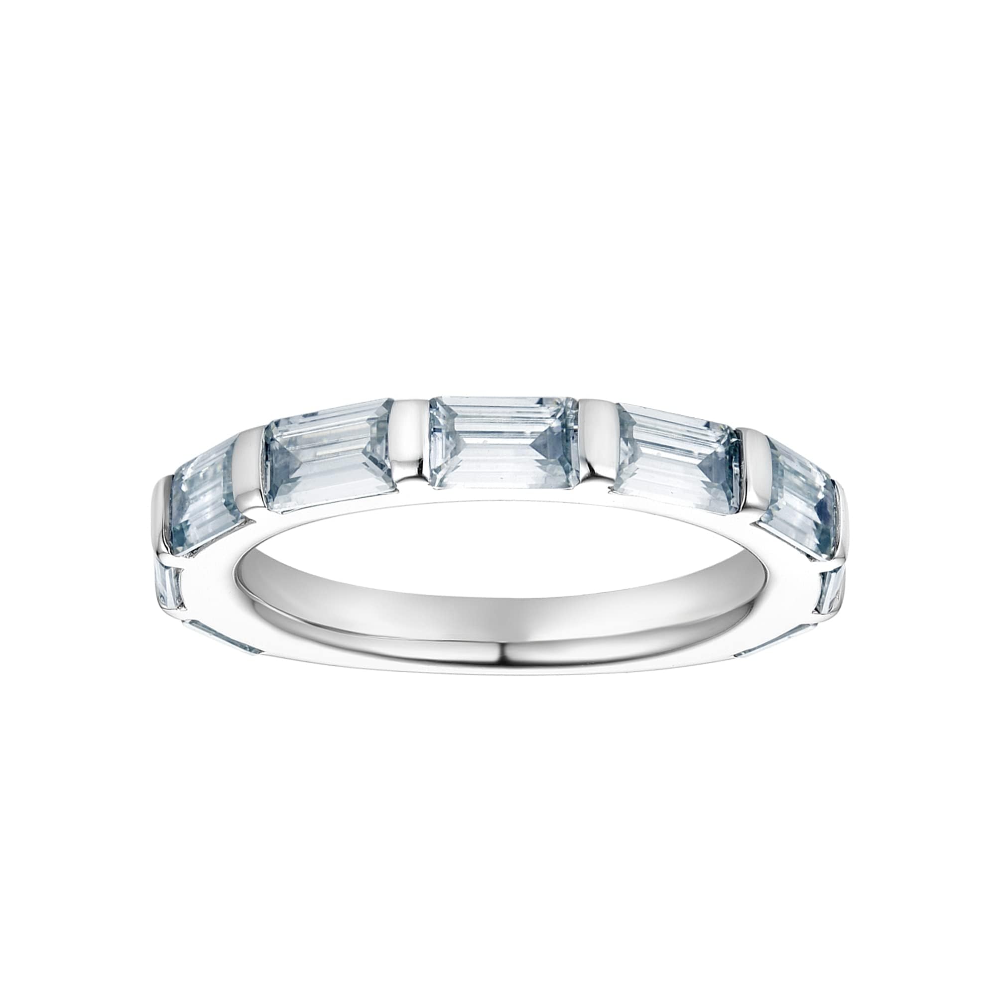 DovEggs Baguette Emerald Cut 4.5CTW Total 3X5mm Light Blue Moissanite Lab Grown Diamond Half Eternity Moissanite Wedding Band 14k Gold QUALITY Silver Engagement Ring Band Width 2.7mm (8)