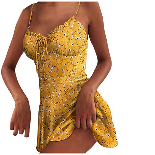Floral Print Sleeveless Sling Dress Womens Front Lace Ups Back Zipper Patchwork Beach Dress Yellow