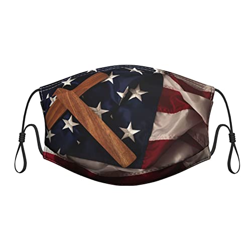for God and Country Cross American Flag Unisex Cloth Face Masks Reusable Washable Ajustable Masks with Filters Black