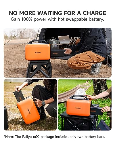 Runhood Portable Power Station Rallye 600, 648Wh Hot Swappable&Replacebale Battery, Full Power in Seconds, 2X600W(Peak 1200) Pure Sine Wave AC Outlet Modular Solar Generator for Camping/RVs/Home Use