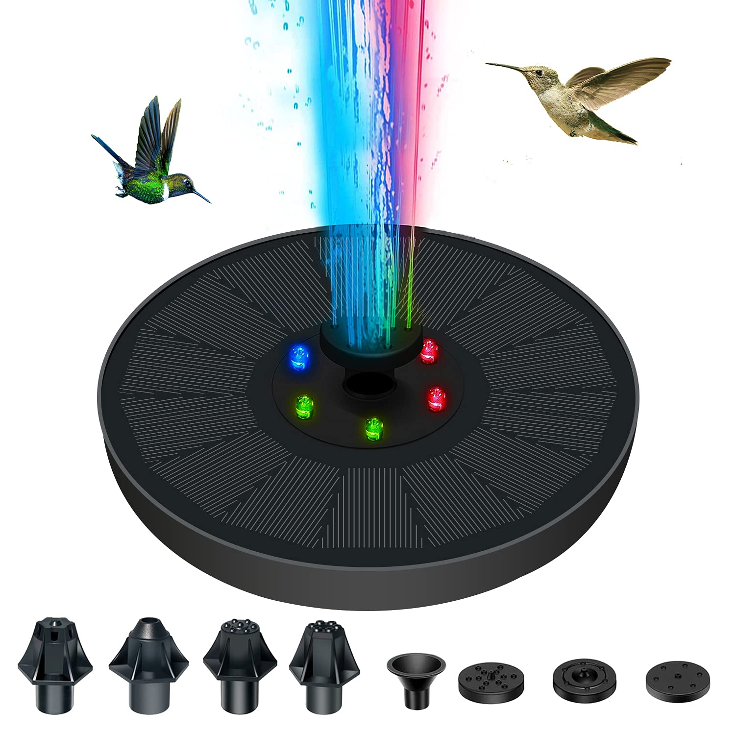 DoFida Solar fountain for bird bath w/ built-in 900mAh battery 6 x LED color light Complimentary 7 nozzle heads 3Watt solar panel