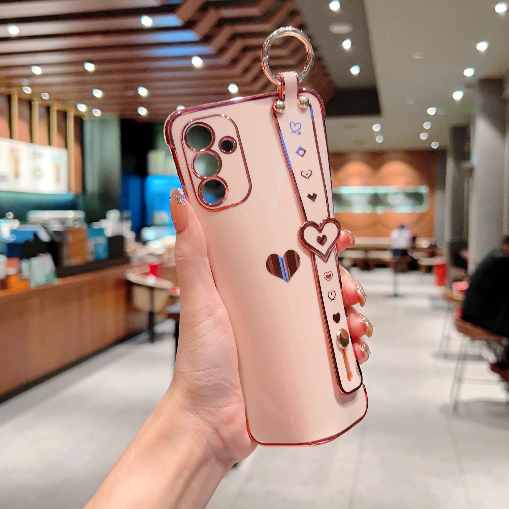 DEFBSC Compatible with Samsung Galaxy A14 5G Case, Electroplated Edge Love Heart Case with Wrist Strap, Full Camera Protection Raised Reinforced Corners Shockproof Soft TPU Cover, Pink