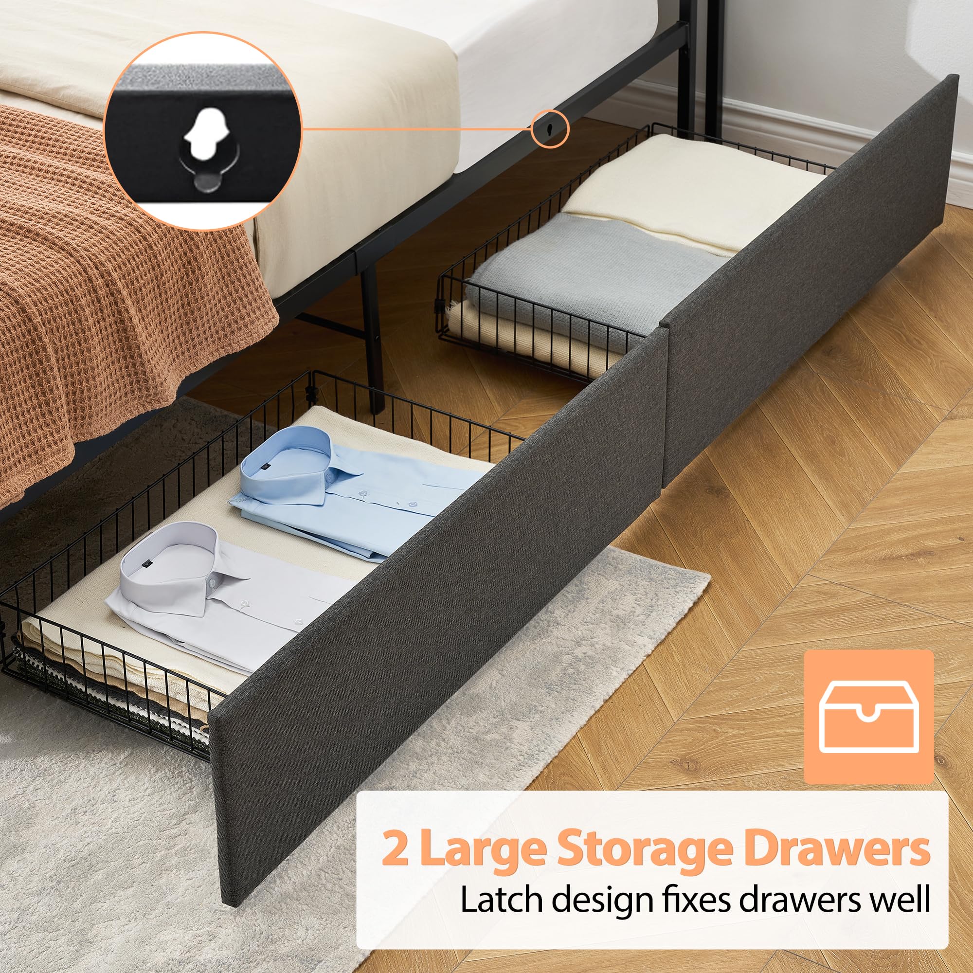 GAOMON Twin Size Bed Frame with 2 Storage Drawers and Charging Station, Rustic Linen Upholstered Platform Bedframe with Storage Headboard, Heavy Duty, No Box Spring Needed, Easy Assembly, Noise Free