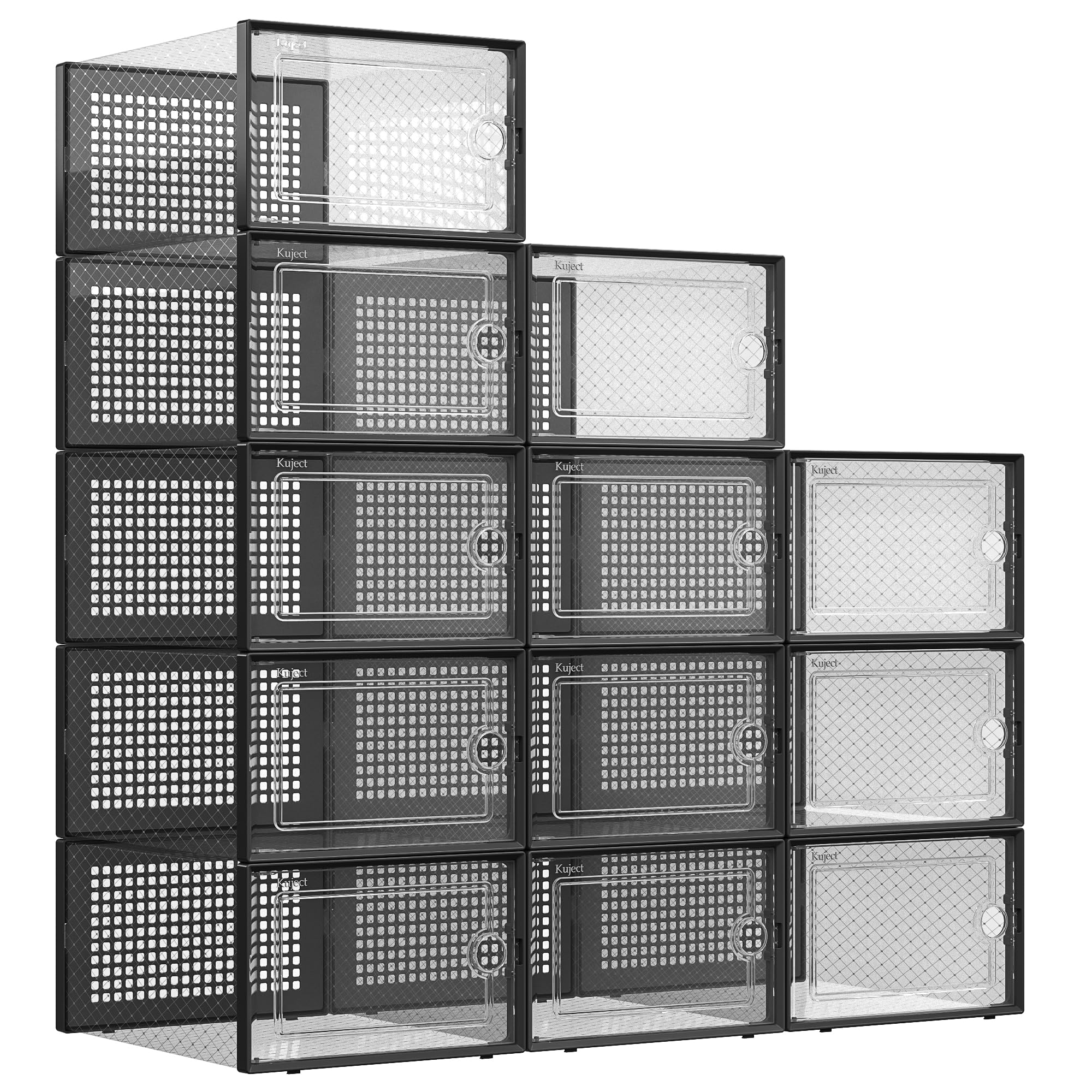 Kuject X-Large Shoe Storage Boxes with Horizel Connecting Sheet, 12 Packs Shoe Organizers for Closet,Clear Plastic Stackable Sneaker Containers, Space Saving Foldable Shoe Rack Holder, Pink
