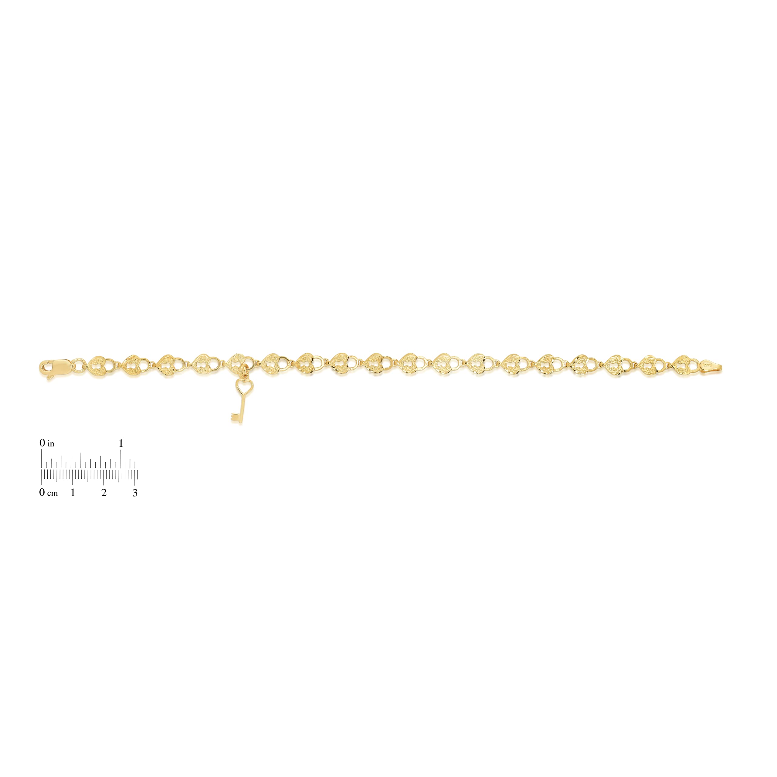 Floreo 10k Yellow Gold Textured Finish Heart Shape Lock and Key Link Charm Bracelet