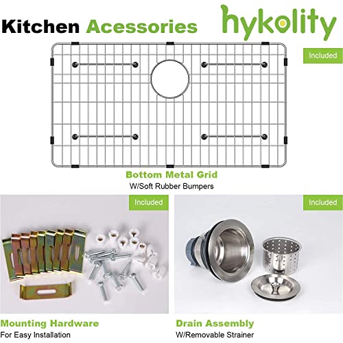 Hykolity 30-inch Undermount Kitchen Sink, 16 Gauge Single Bowl Stainless Steel Kitchen Sink with Strainer & Bottom Grid, 30" x 18" x 9"