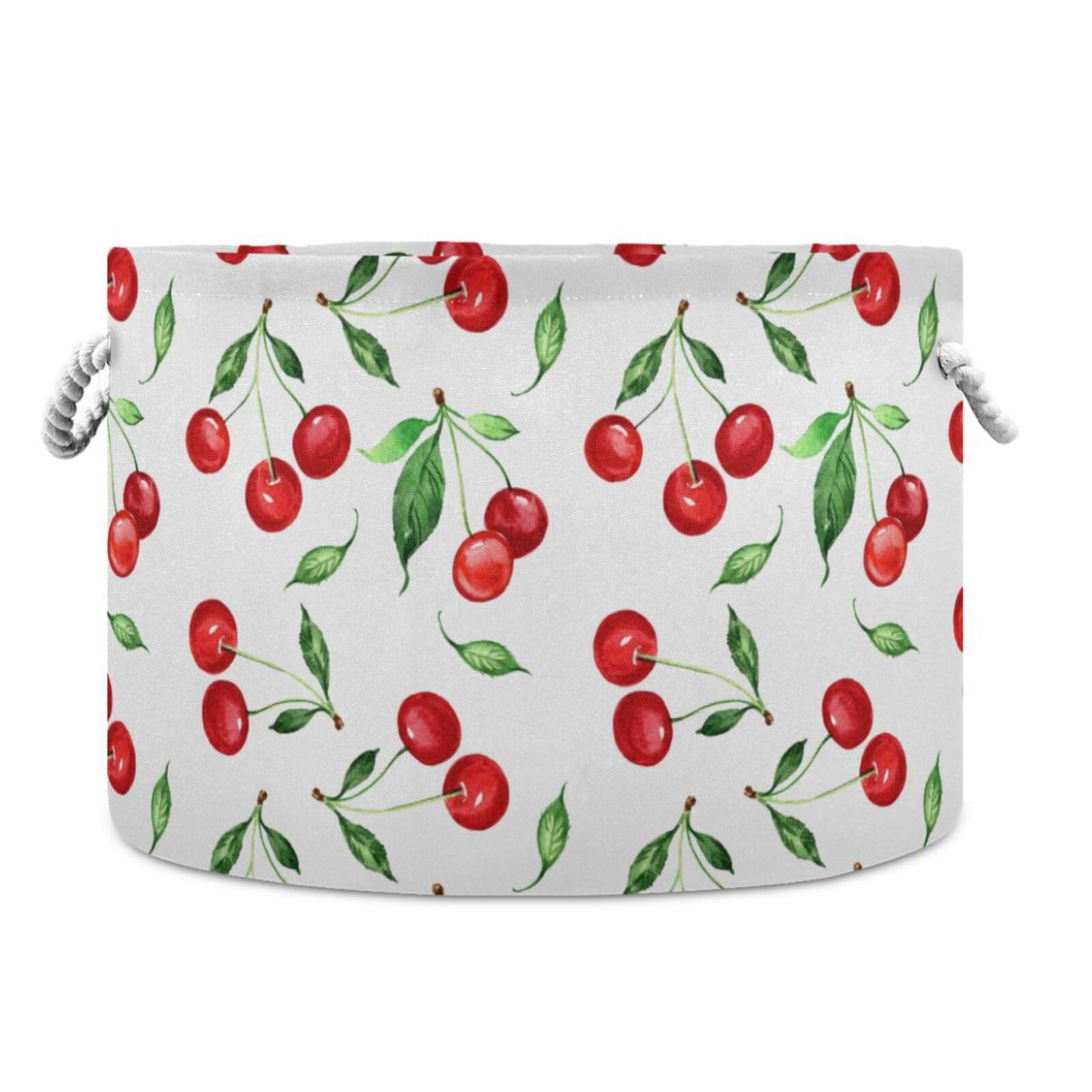 Krafig Watercolor Cherry Round Collapsible Storage Basket, Large Toy Storage, Laundry Baskets, Open Home Storage Bins for Toy Organizer, Home Decor, Clothes, Toys