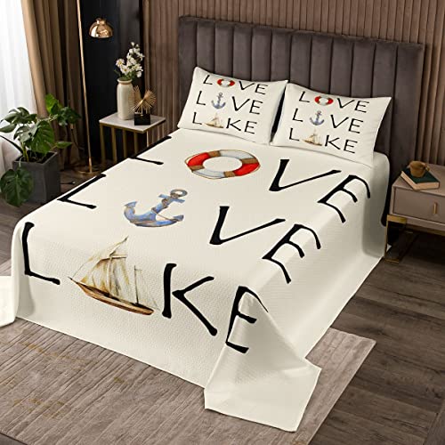 Lake House Quilt Set Twin Size, Nautical Anchor Bedspread Set For Kids Boys Teens Adult, Retro Sailboat Coverlet Set Lakehouse Rustic Beding Set Spring Summer Home Decoration With 1 Pillow Case