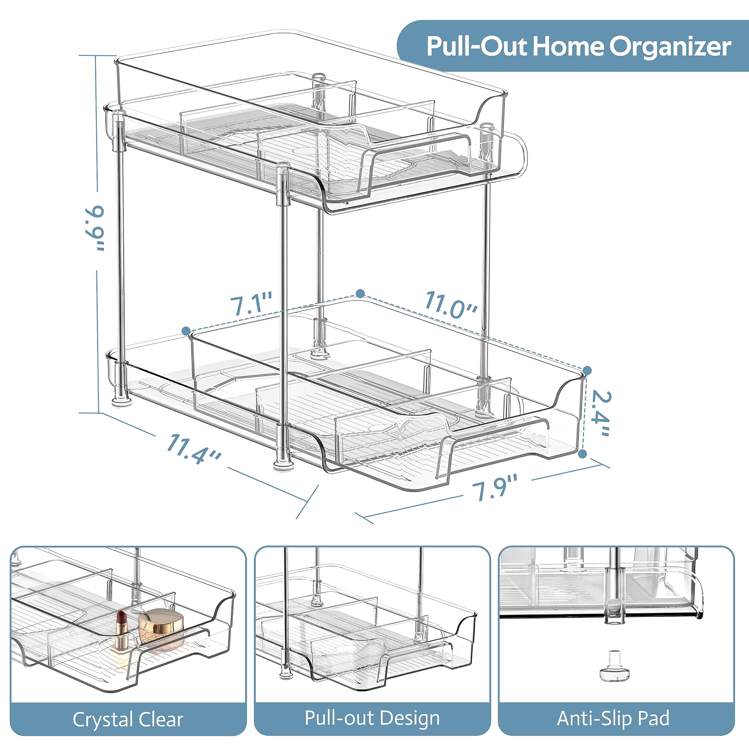 DEKAVA Under Sink Organizer 2 Pack,Bathroom Cabinet Organizer,2 Tier Sliding Cabinet Basket Organizer Drawer, Multi-Purpose Bath Collection Baskets for Bathroom (Clear)