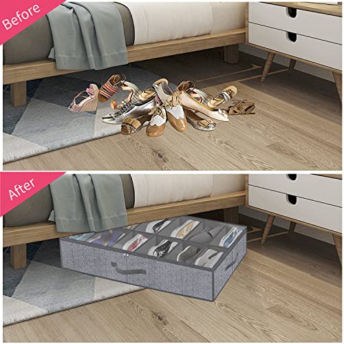 Onlyeasy Large Under Bed Shoe Storage Organizer with Strong Zippers & Handles Set of 2, Fit Total 24 Pairs, Underbed Organizers for Kids & Adults, 29.3"x23.6"x5.9", Herringbone Grey, 9MNRUBSB2P