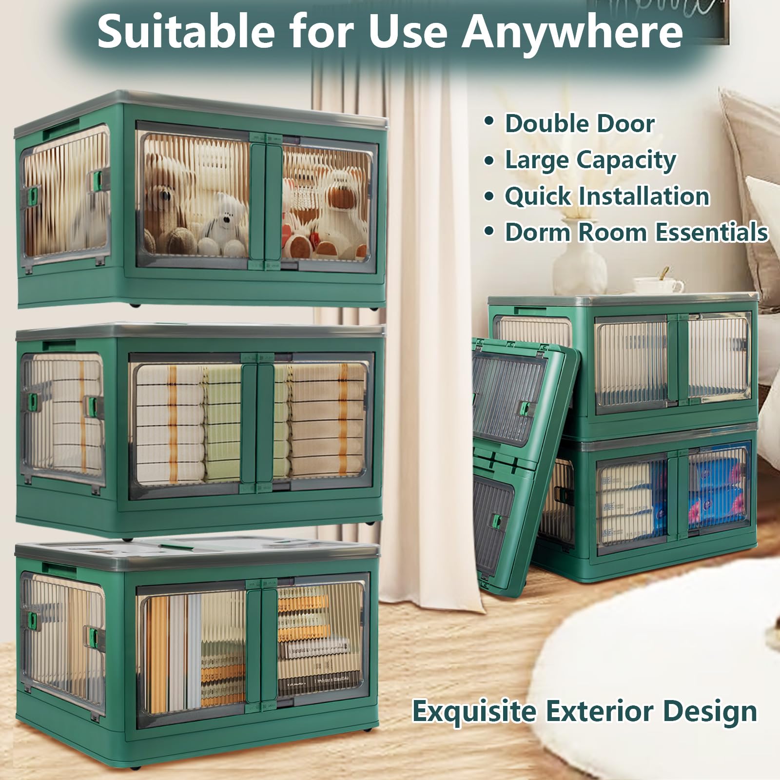 NOCCUR 3 Pack American Style Collapsible Storage Boxes, 14.5Gal Green Plastic Storage Bins with Lids and Doors, for Bedroom, Living Room